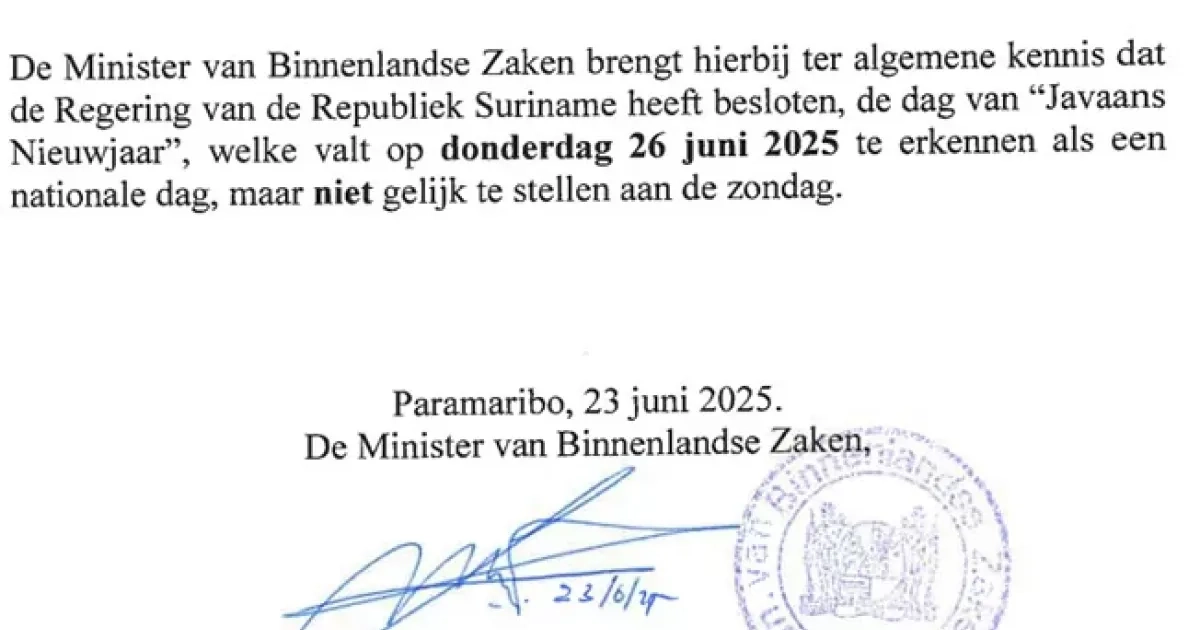 Javaans Nieuwjaar geen vrije dag | Suriname Nieuws Centrale