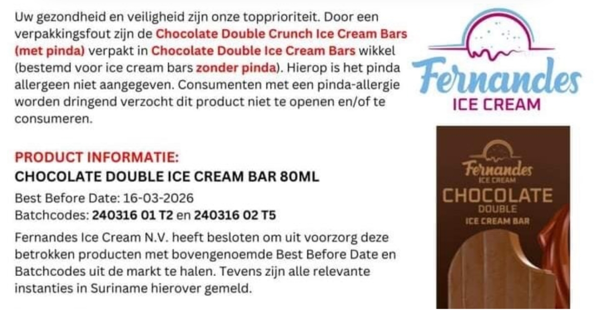 Fernandes Ice Cream N.V. maakt verpakkingsfout en roept product terug ...
